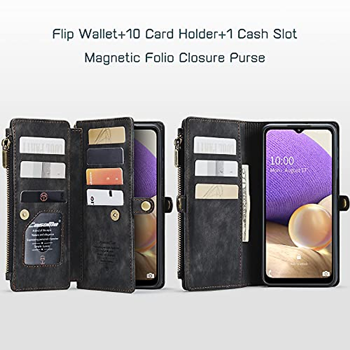 Defencase Samsung Galaxy A32 5G Case, Samsung A32 5G Wallet Case, Premium Durable PU Leather [Magnetic Flip] [Zipper Pocket] [Lanyard Strap Wristlet] [Card Holder] Phone Case for Galaxy A32 5G, Black