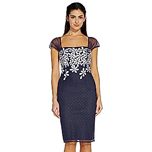Adrianna Papell Women's Floral Embroidery Sheath Dress, Navy/Ivory, 10