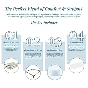 Nutan Pillow Top Mattress, Box Spring, Bed Frame, Bedbug Protector, and Pillow Set, Medium Firm Double Sided Mattresses Comfy Head Pillows, Waterproof Covering, Durable Support, Leg Support, Full XL