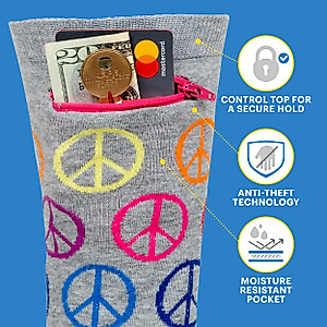Pocket Socks Women Fashion Cotton Crew Socks, Hidden Zipper Security Pocket for Travel, ID, Ear Buds & More, One Size, Peace Sign