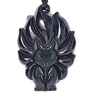 Obsidian crystal nine tail fox necklace Amulet pendant with bead chain for wen or women (rainbow fox)