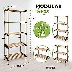 Saponay Wood Storage Shelves Organizer - Easy to Install Bathroom Standing Shelf Lightweight, Screw Free! 2 3 & 5 Tiered | Adjustable Units Free Premium Pine Shelving Unit, 11Dx22Wx47H