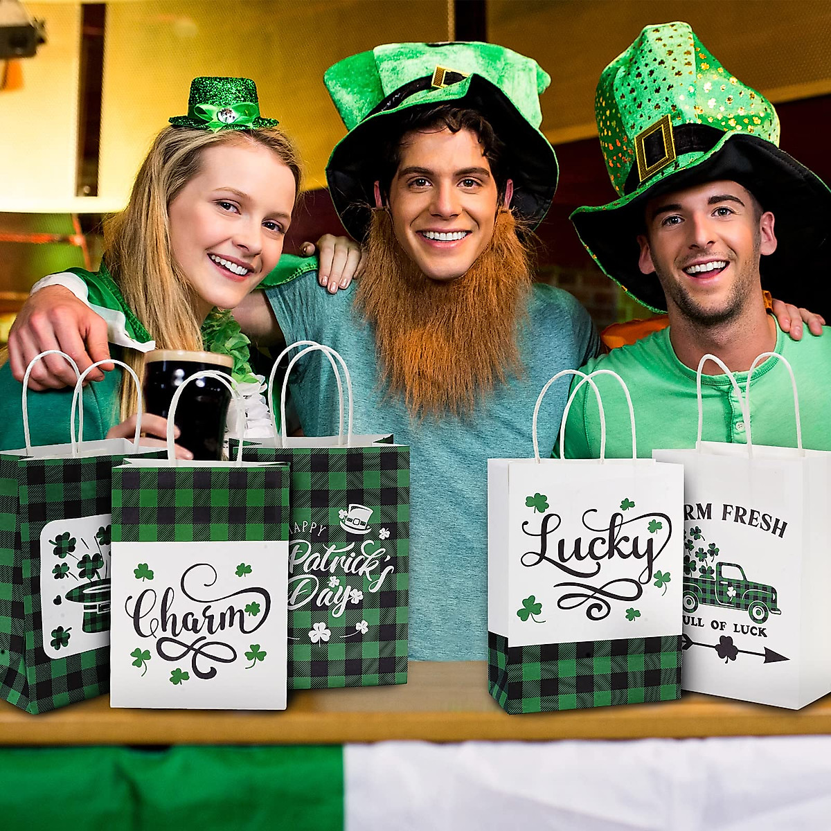 AnyDesign St. Patrick's Day Paper Bags with Handle Green Black Buffalo Plaids Shamrock Truck Gift Bags Lucky Charm Party Favor bags for Irish Holiday, 12Pcs, 5.9 x 8.3 x 3.1 Inch