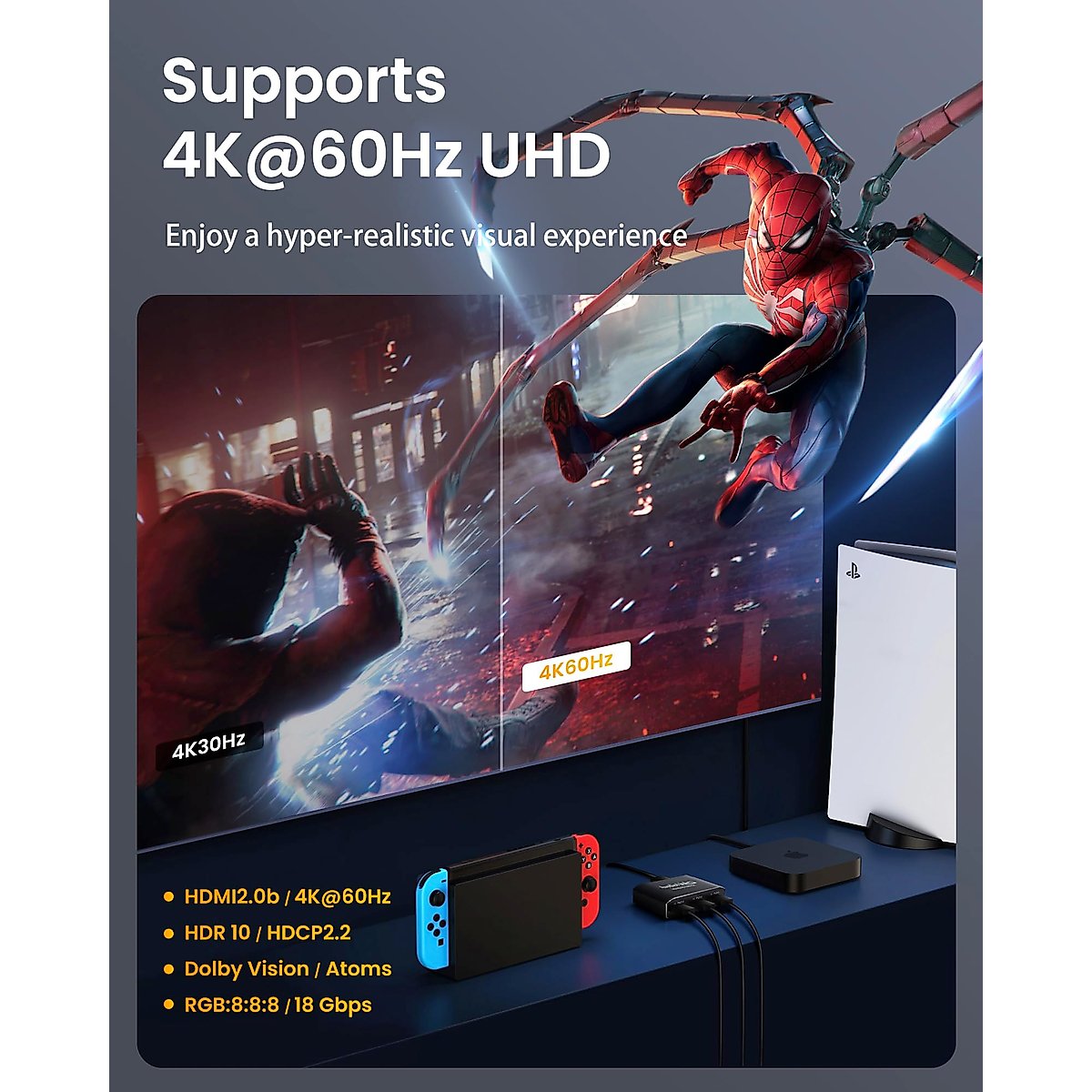 HDMI Switch 3 in 1 Out 4K@60Hz Aluminum Alloy【with 4FT HDMI 2.0 Cable】, avedio links 3x1 HDMI Multi Port Switch, 3 Way HDMI Selector Switcher Support HDCP 2.2, HDR 10, for Fire TV Stick, PS5