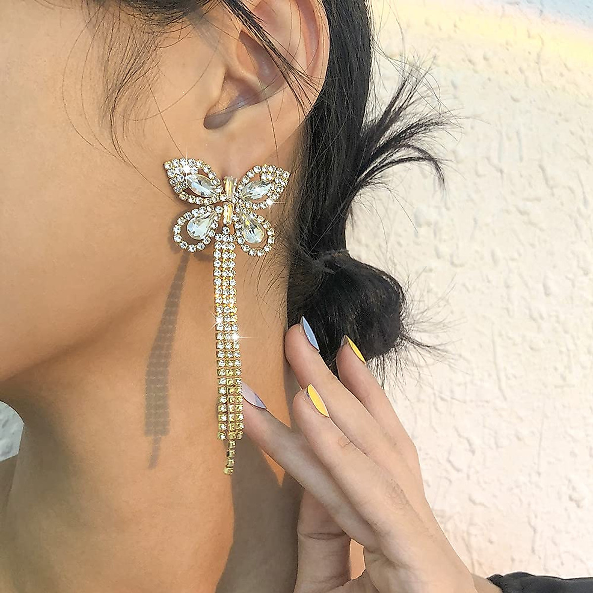 Girlssory Long Bow Tassel Earrings Full Diamond Earrings Butterfly Long Tassels Earrings Fashion Dangle Earrings for Women (Gold A)