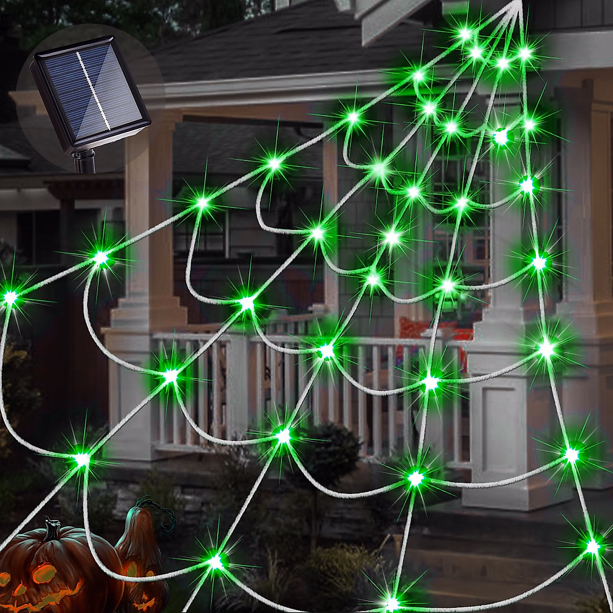 Outdoor Solar Powered Halloween Decorations Spider Web Lights, 14.8 x 16.4 FT Triangular White Spider Web with 135 LED Green Lights, Large Size Solar Halloween Decor