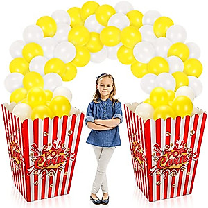 2 Pieces Giant Popcorn Box Cardboard Stand up with 100 Balloons Movie Popcorn 3D Popcorn Box Cardboard Stand up and Yellow White Popcorn Theme Balloons Carnival Decorations for Movie Themed Party