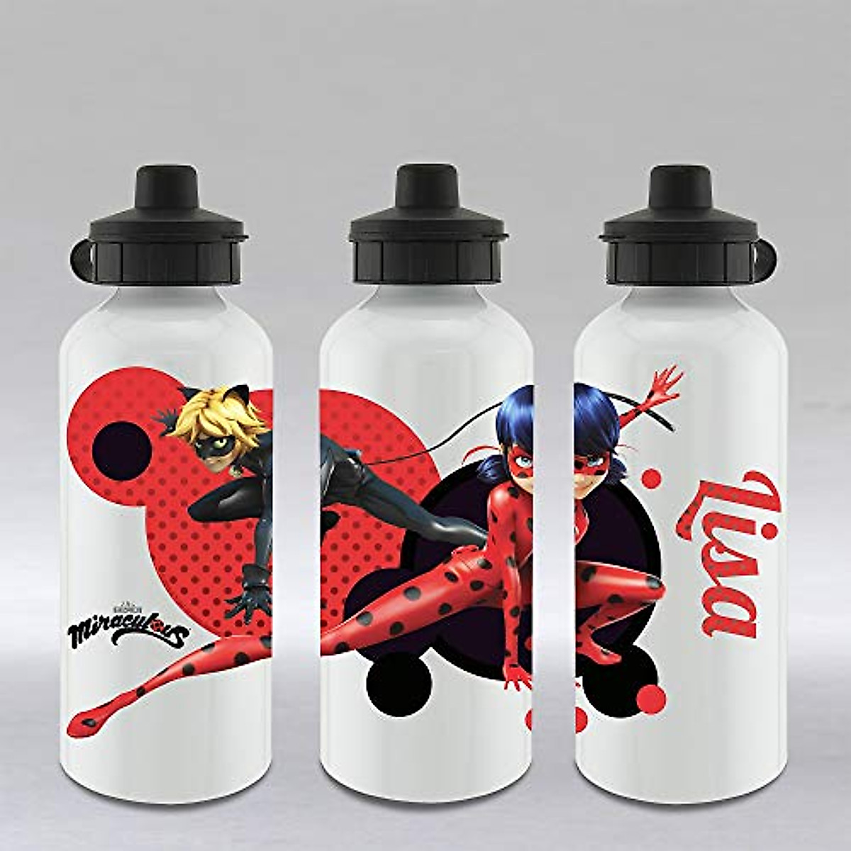 Miraculous Ladybug and Cat Noir Personalized Aluminum Water Bottle with Custom Name Printed, Official Licensed Product, 20oz