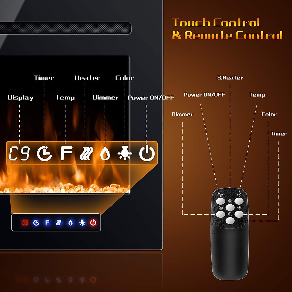 COSTWAY 36-Inch Electric Fireplace, 750W/1500W Wall Recessed and Mounted Fireplace Insert with Remote Control, 9 Flame Colors, 5 Brightness Settings, 8 H Timer, Fireplace Heater for Indoor Use