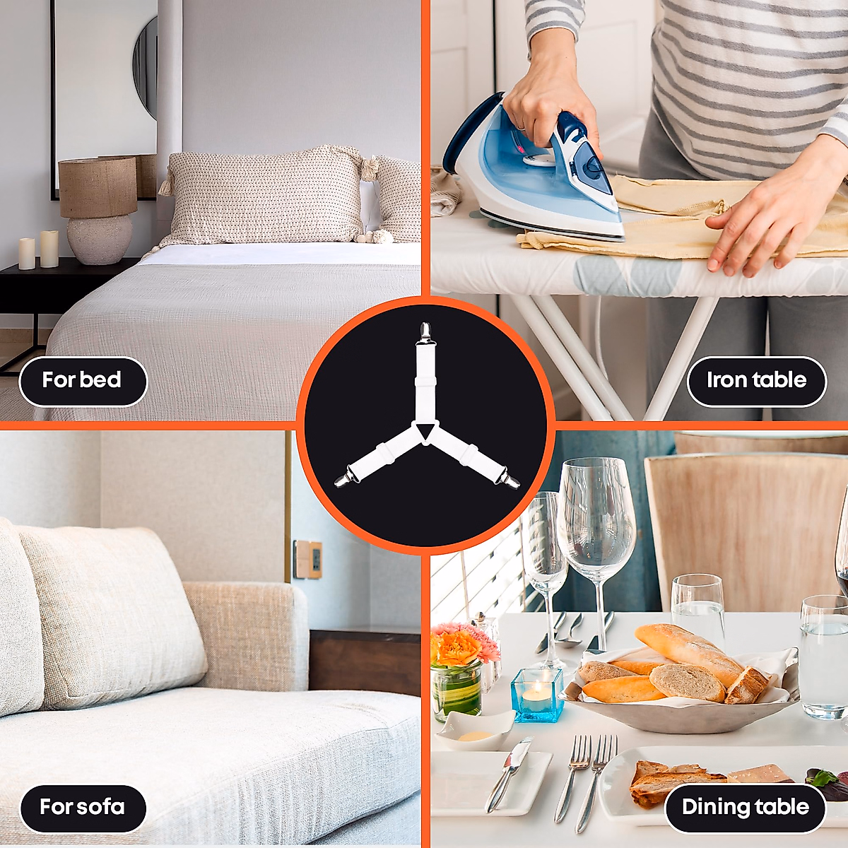 5 STARS UNITED Bed Sheet Straps Set | Easy to Use Adjustable Elastic Fasteners with Metal Clips | Sheet Holders for Corners | Fitted Sheet Clips to Hold Sheets in Place | (4 Pcs White)