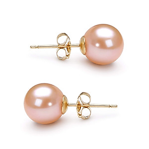 Japanese Freshwater Cultured Pearl Earrings Stud AAAA Graded 8mm Pink Stud Earrings for Women with 14K Gold Settings and Jewelry Gift Box - Orien Jewelry