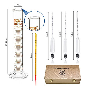 Alcohol Hydrometer Accurate 5 Pieces Alcoholmeter Kit 0-100% (ABV) Tralle 0-100 for Spirits Whiskey Moonshine Distilling Liquors Testing with 100ml Glass Test Jar Carry Storage Wood Box