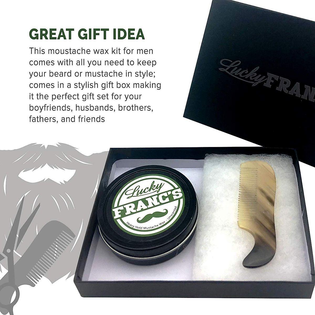 Lucky Franc's 2 oz. Strong Hold Mustache Wax and Real Ox Horn Comb Grooming Set. Wax that Stache in Style. Unscented Natural Moustache Wax and Stache or Beard Comb. Handmade Gift Set for Men