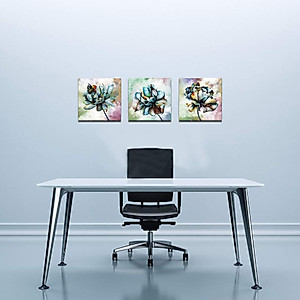 KLVOS Flower Canvas Wall Art for Bedroom Watercolor Rose Dahlia Lotus Floral Paintings Pictures for Living Room Bathroom Wall Decor Framed Prints Artwork Stretched Easy to Hang 12x12inchx3pcs