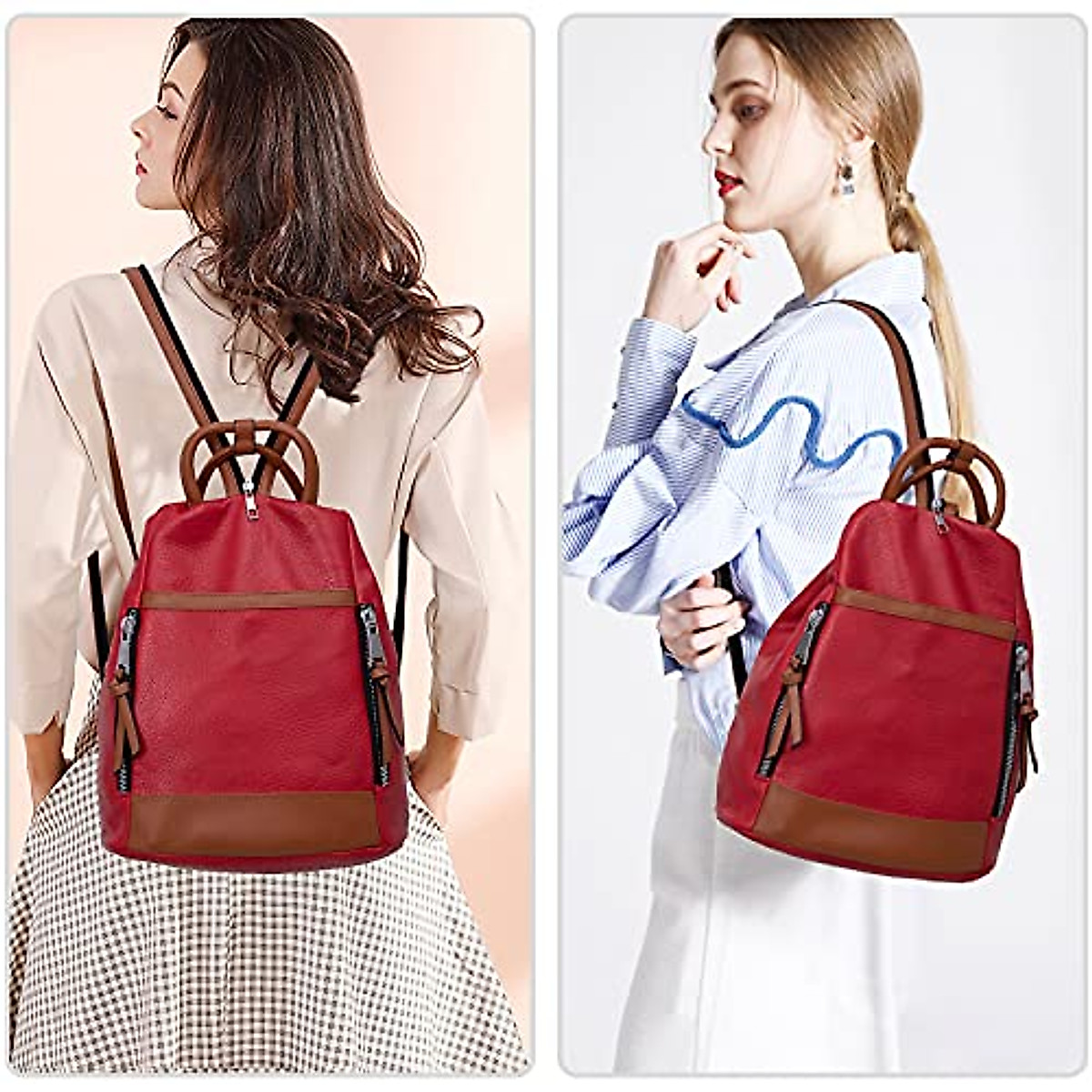 AngelKiss Women Mini Backpack Purse PU Leather Anti-theft Casual Shoulder Bag Fashion Ladies Satchel Bags RED/BROWN