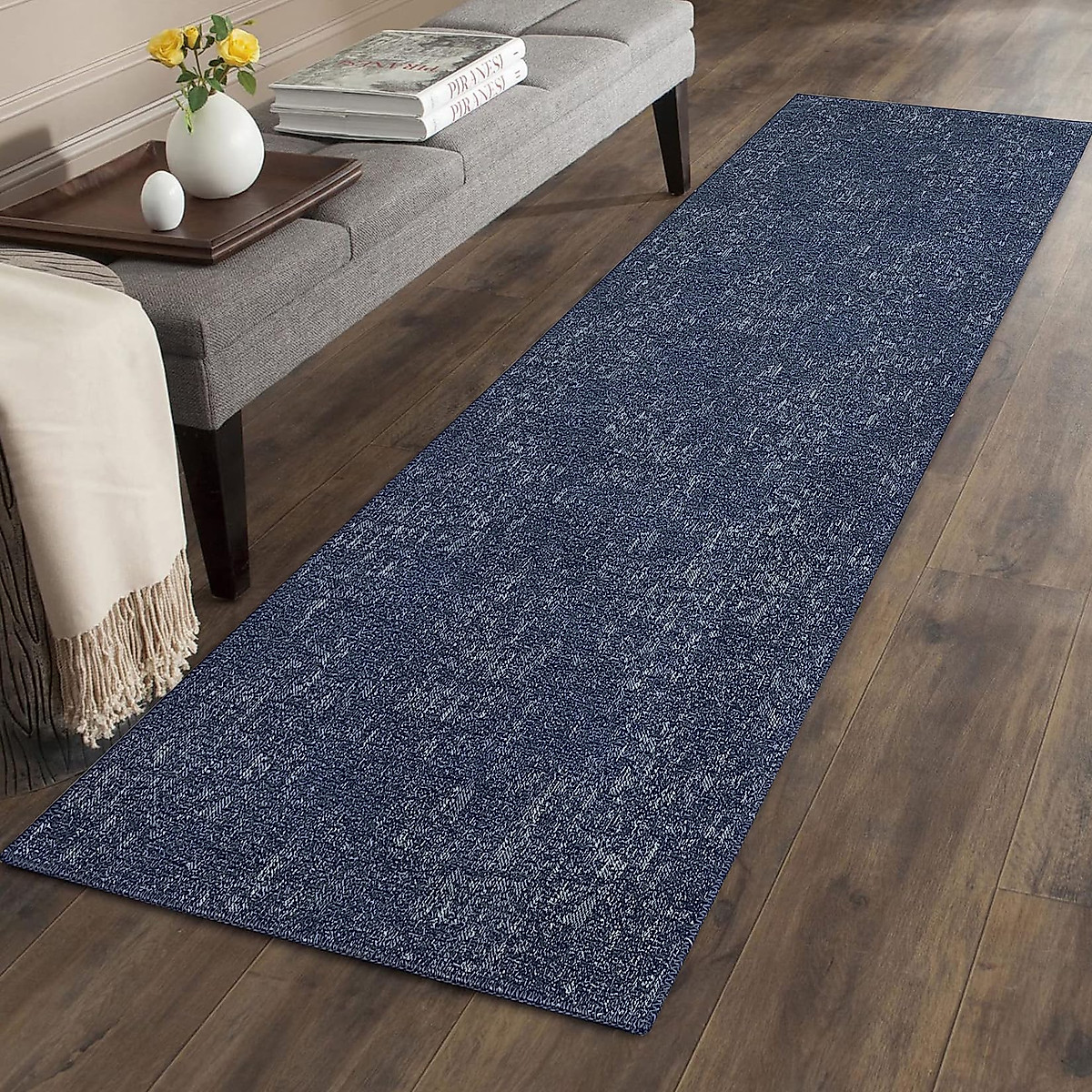 LUXLOOM Washable Runner Rug 2x6 Entryway Rug Modern Non Slip Kitchen Rugs Bathroom Rugs Solid Navy Blue Rugs for Bedroom Throw Rugs Chenille Stain Resistant Carpet for Laundry Hallway 2'x6' Navy Blue