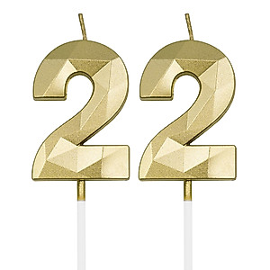 22nd Birthday Candles for Cake, Gold Number 22 3D Diamond Shaped Candle Birthday Decorations Party Supplies for Girls, Boys, Women or Men