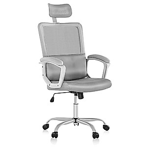 JHK Ergonomic Home Mesh Swivel Rolling Office Desk Computer Chair with Adjustable Headrest, Soft PU Armrest, Lumbar Support and Rocking Function, 18.11" D x 19.49" W x 43.5" H, Grey