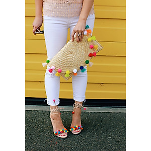 Straw Pom Pom and Tassel Clutch - Fashion Bag for Summer Large