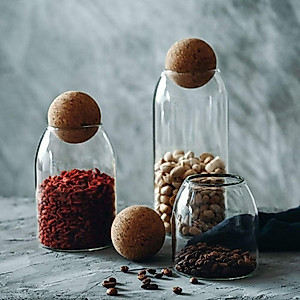 MOLADRI 1200ML/40Oz Clear Glass Storage Cute Canister Holder Ball Wood Cork Top, Modern Decorative Cylinder Container Jar with Round Lid for Coffee, Spice, Candy, Salt, Cookie Cool Terrarium Bottle