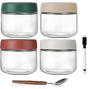 DIMBRAH 10oz Glass Jars with Lids - Set Of 4, Overnight Oats Containers with Lids, Practical Oatmeal Container to Go, Chia Seed Pudding Jars, with Spoon and Marker