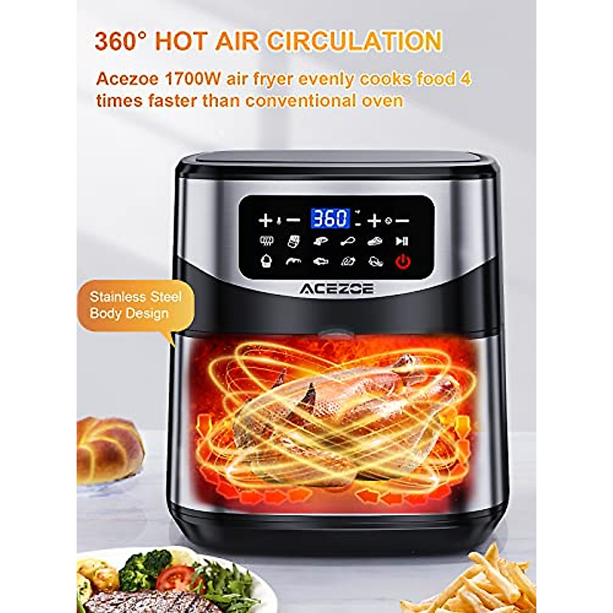 Acezoe Stainless Steel 7.4 QT Digital Air Fryer 1700-Watt with 9 Preset Cooking Functions, LED Touchscreen, Non-Stick Coating, 43 Recipes, Easy to Clean, Auto Shut-Off