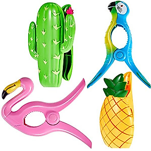 4 Pieces Cute Beach Towel Clips Flamingo Parrot Cactus Pineapple Chair Clips Plastic Lounge Chair Clamps Portable Towel Holders Clips for Home Beach Pool Lounge Chairs Supplies Accessories