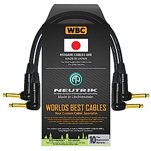 WORLDS BEST CABLES 2 Units - 10 Inch - Guitar Instrument Cable CUSTOM MADE using Mogami 2524 wire and Neutrik NP2RX-B ¼ Inch (6.35mm) Right Angled Gold TS Connectors