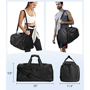 Gym Bag for Men Women, Foldable Travel Duffel Bags with Shoe Compartment & Wet Pocket, Lightweight Weekender Overnight Duffle Bag, Water Resistant Workout Sports Bag, Black