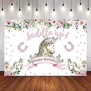 Avezano Horse Birthday Backdrop 7x5ft Pony Girl Birthday Party Background Pink Floral Happy Birthday Decorations Cowgirl Birthday Dessert Table Banner