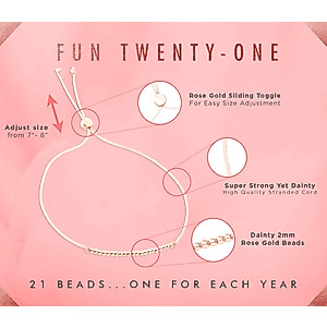 Lucky Feather 21st Birthday Gifts For Her - 14K Gold Dipped Beads Bracelet on Adjustable 7”- 8” Cord - Women Turning 21 Birthday Gifts For Her (rose-gold-plated-base)