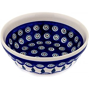 Polish Pottery 6½-inch Bowl (Peacock Leaves Theme) + Certificate of Authenticity