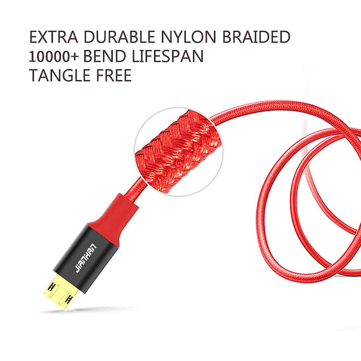 JianHan Reversible Micro USB Cable,[3-Pack] Braided Micro USB Charging Cable for Samsung Galaxy S7 S6 J7 Edge,Note 5,LG G3 G4,Kindle,PS4,Motorola,Android (1.5ft /3.3ft /6.6ft Red)