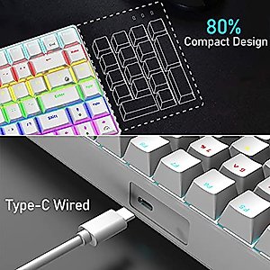 Mechanical Gaming Keyboard and Mouse Combo with 20 Rainbow Backlight 84 Key Anti-ghosting Ergonomic Waterproof Type-C Wired 2400 DPI Honeycomb Mice for PC Mac Gamer Computer Typist(White/Blue Switch)