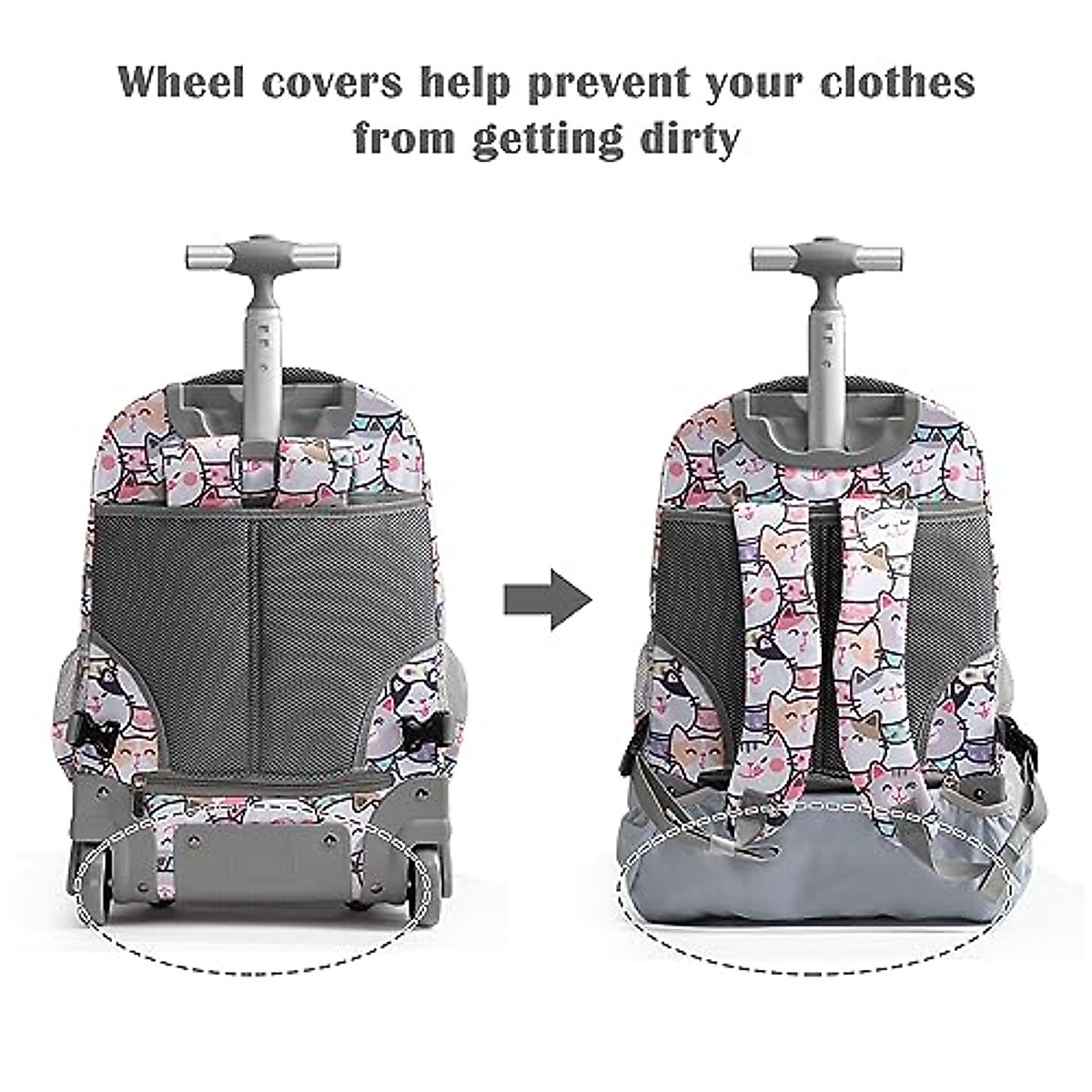 SKYMOVE 18 inches Wheeled Rolling Backpack Multi-Compartment College Books Laptop Bag Business Trip Carry-on for boys and girls, Lovely Cats