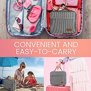 WDLHQC Hanging Travel Toiletry Bag with Hook | Water Proof Zip Bag with 4 Compartments + 2 Outer Zip Pockets | Cosmetic Travel Bag for Toiletries | Travel Essentials for Women & Men (Black Stripe)