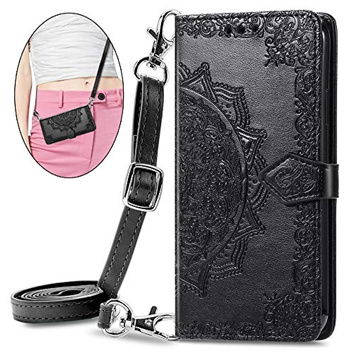 HUANGTAOLI Crossbody Shoulder Strap Flip Case for Oppo A53, PU Leather Pouch Magnetic Closure Kickstand Wallet Case for Oppo A53