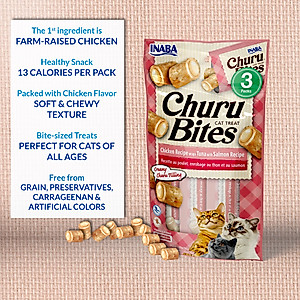 INABA Churu Bites for Cats, Soft Baked Chicken Churu Filled Cat Treats with Green Tea Extract, 0.35 Ounces Each Tube, 18 Tubes Total (3 per Pack), Tuna with Salmon Recipe