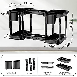 Expandable Under Sink Organizer and Storage 2 Pack, 2 Tier Pull Out Sliding Under Bathroom Cabinet Storage Organizers with Hanging Cups for Bathroom, Kitchen Multi-Purpose, Adjustable Height & Width