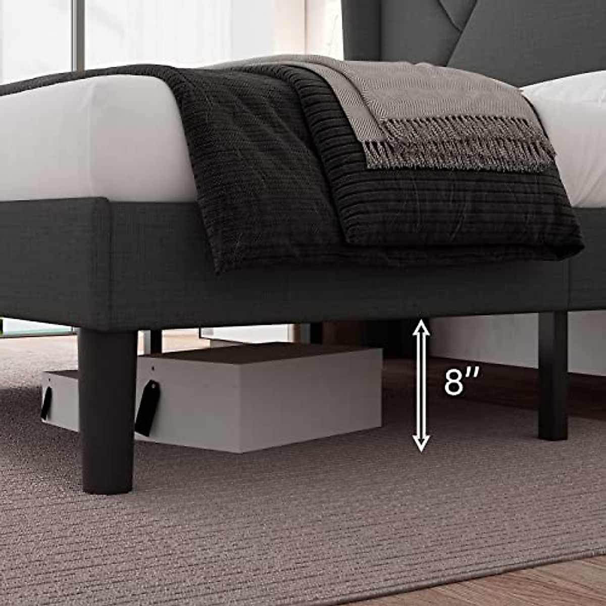 iPormis Queen Size Modern Wingback Bed Frame, Geometric Upholstered Platform Bed with 24" Headboard, 8" Storage Space, Wood Slats Support, No Box Spring Needed, Dark Grey