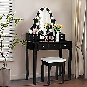 Quimoo Large Vanity Desk with LED Lighted Mirror & Power Outlet,Makeup Vanity Table with 7 Drawers,4 Shelves and 8 Hooks,for Bedroom,Bathroom,Black