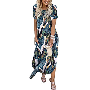 ANRABESS Women's Summer Casual Loose Short Sleeve Long T Shirt Dress Split Maxi Beach Sundress Travel Vacation Outfits Leaf Print X-Large