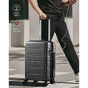 LUGGEX 20 Inch Black Carry On Luggage 22x14x9 Airline Approved, PC Hard Shell Suitcase with USB Port, Expandable and Lightweight