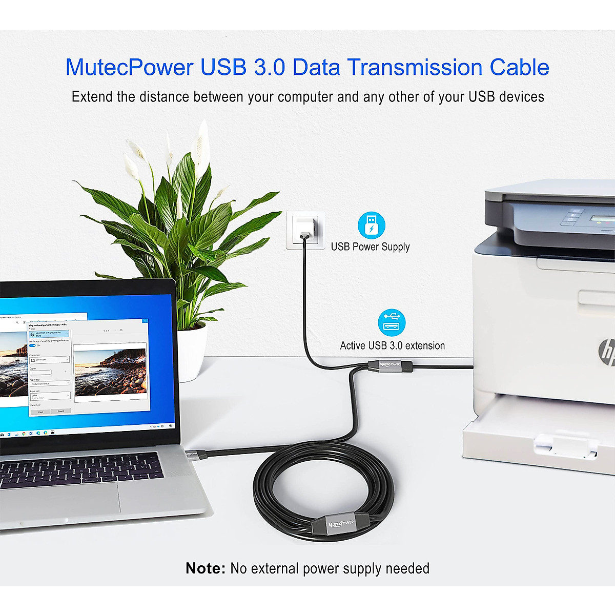 MutecPower 50 Feet Active USB 3.0 Male to Female Extension Cable USB A Repeater Extender Cord with 2 boosters & USB Power Supply - Black 15m – Compatible with Laptops, Hard Drives, Xbox, PS4, VR etc