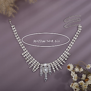 YERTTER Dainty Silver Full Rhinestone Chain Sparkly Collar Chain Choker Statement Tassel Crystal Choker Necklace Adjustable for Party Music Bar Women （Silver 4）