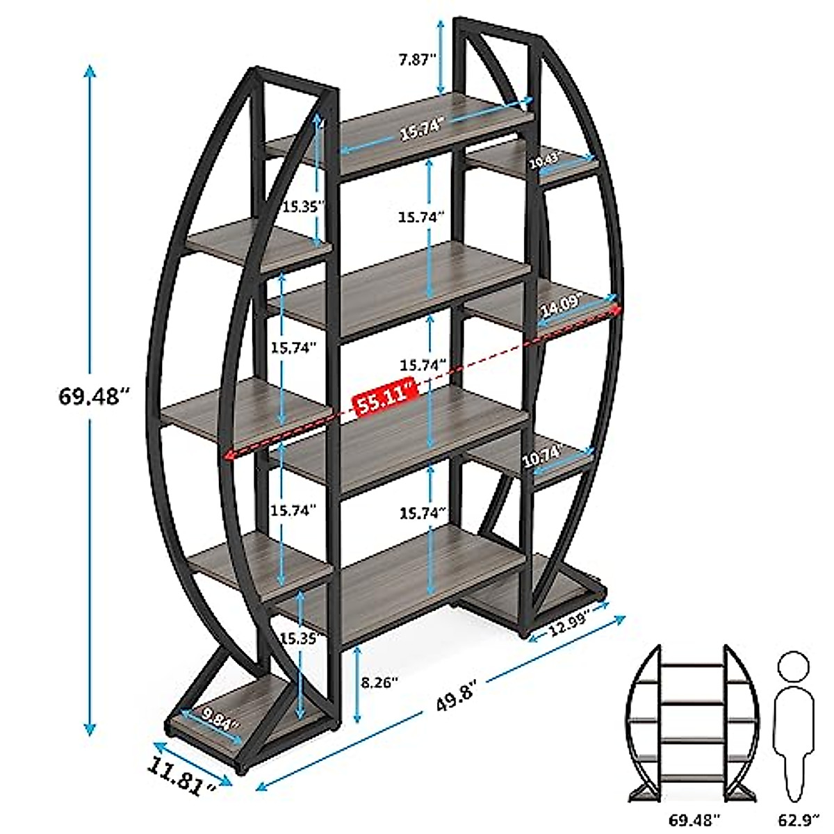 Bookshelf, Oval Triple Wide 5 Tiers Etagere Bookcases, Industrial Display Shelves for Living Room (Grey, 55")