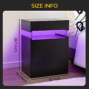 Bingoday Night Stand with 4 Drawers Large LED Nightstand Black Night Stand for Bedroom Modern Bedside Tables for Bedroom, Living Room (Black)
