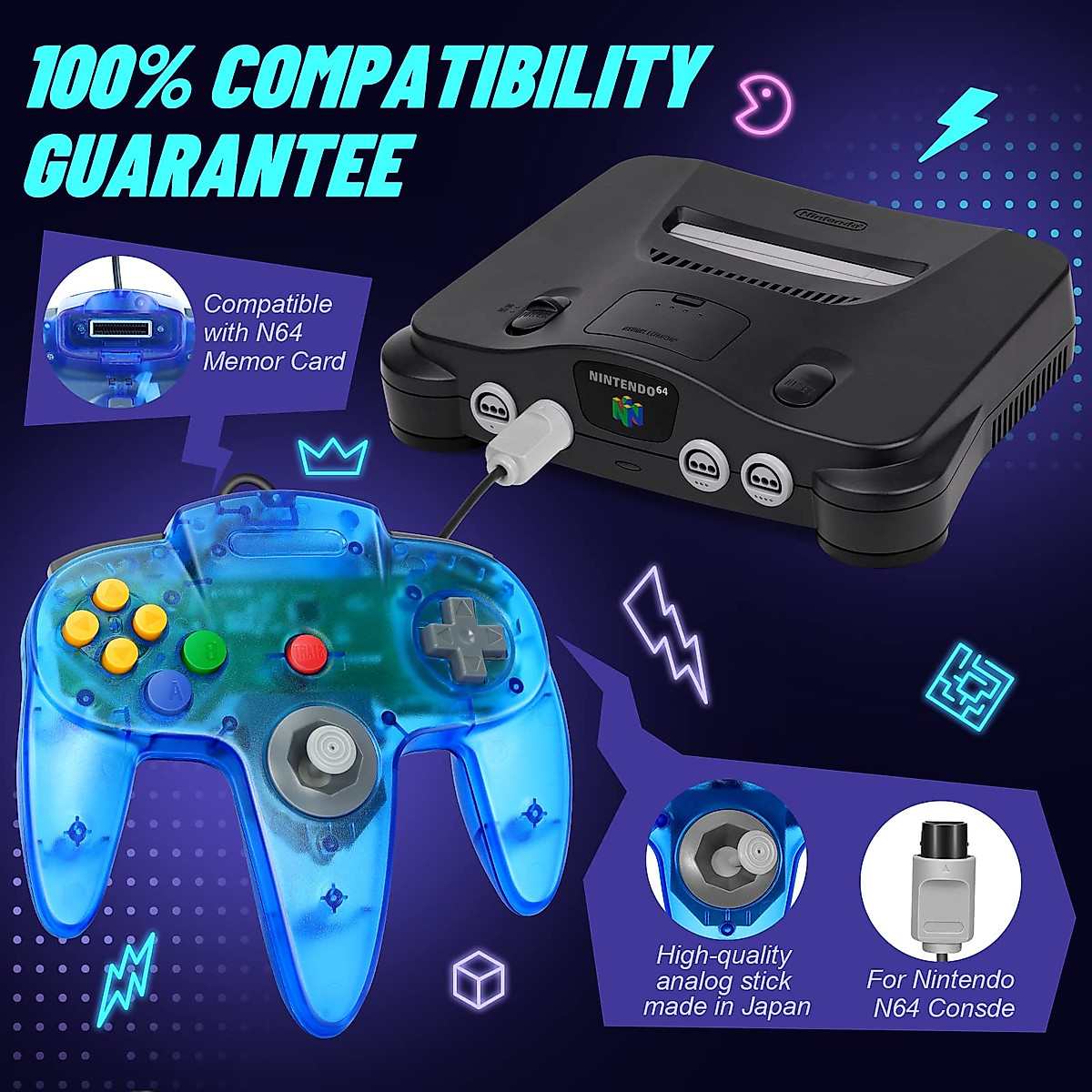 N64 Controller, FISUPER Wired Classic Game Controller Gamepad Joystick for N64 Console (Clear Blue)