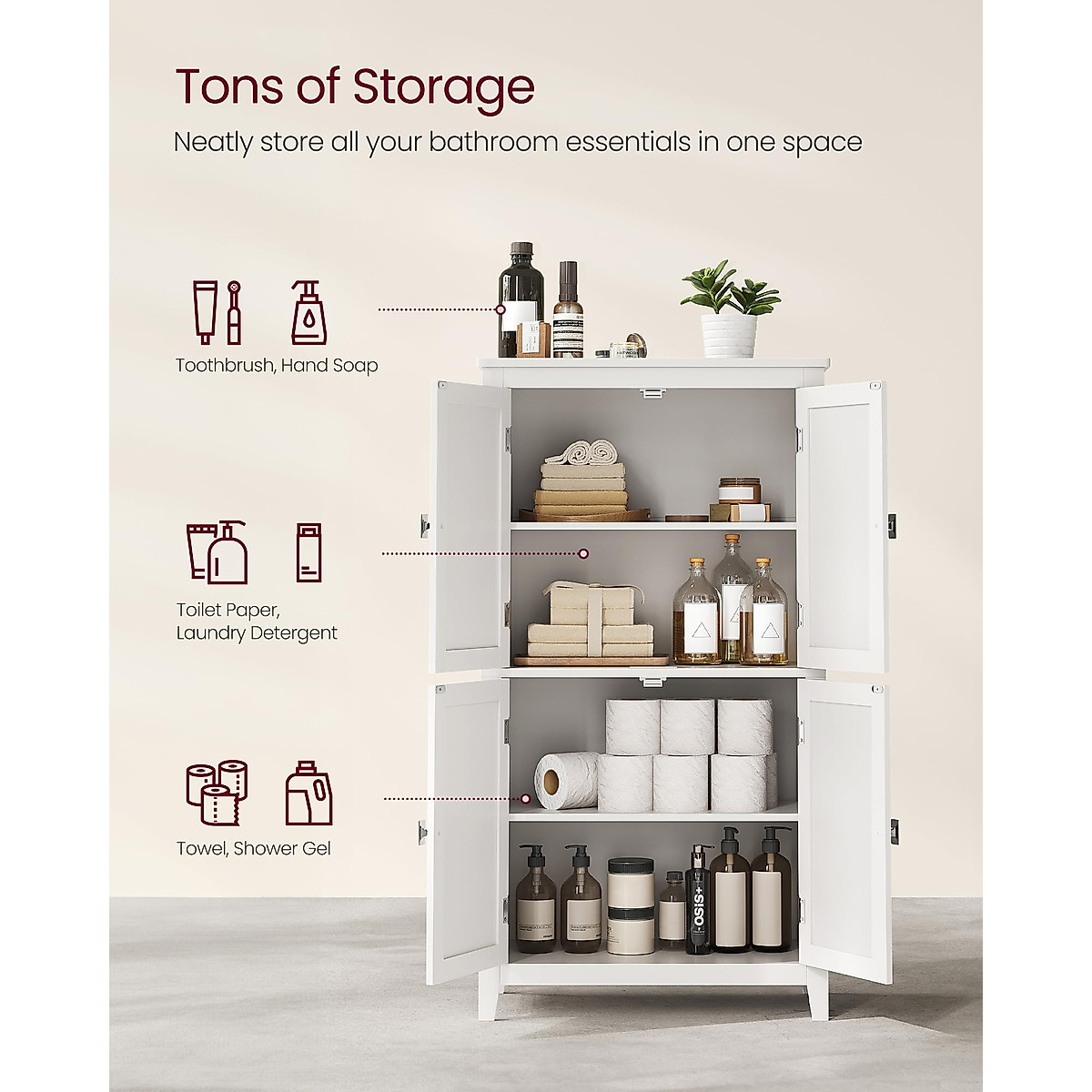 VASAGLE Bathroom Floor Storage Cabinet, Bathroom Storage Unit, Freestanding Cabinet with 4 Doors, Adjustable Shelves, 11.8 x 23.6 x 43.3 Inches, White UBBC552P31