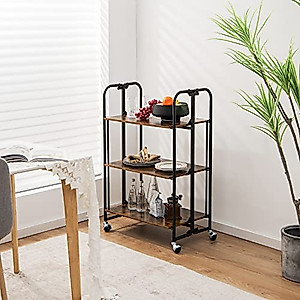 Giantex Foldable Storage Shelves with Wheels, No Assembly 3-Tier Rolling Cart, 2 of The Wheels Have Locks, Microwave Utility Cart Baker Rack, Portable Storage Rack w/Metal Frame, for Kitchen, RV